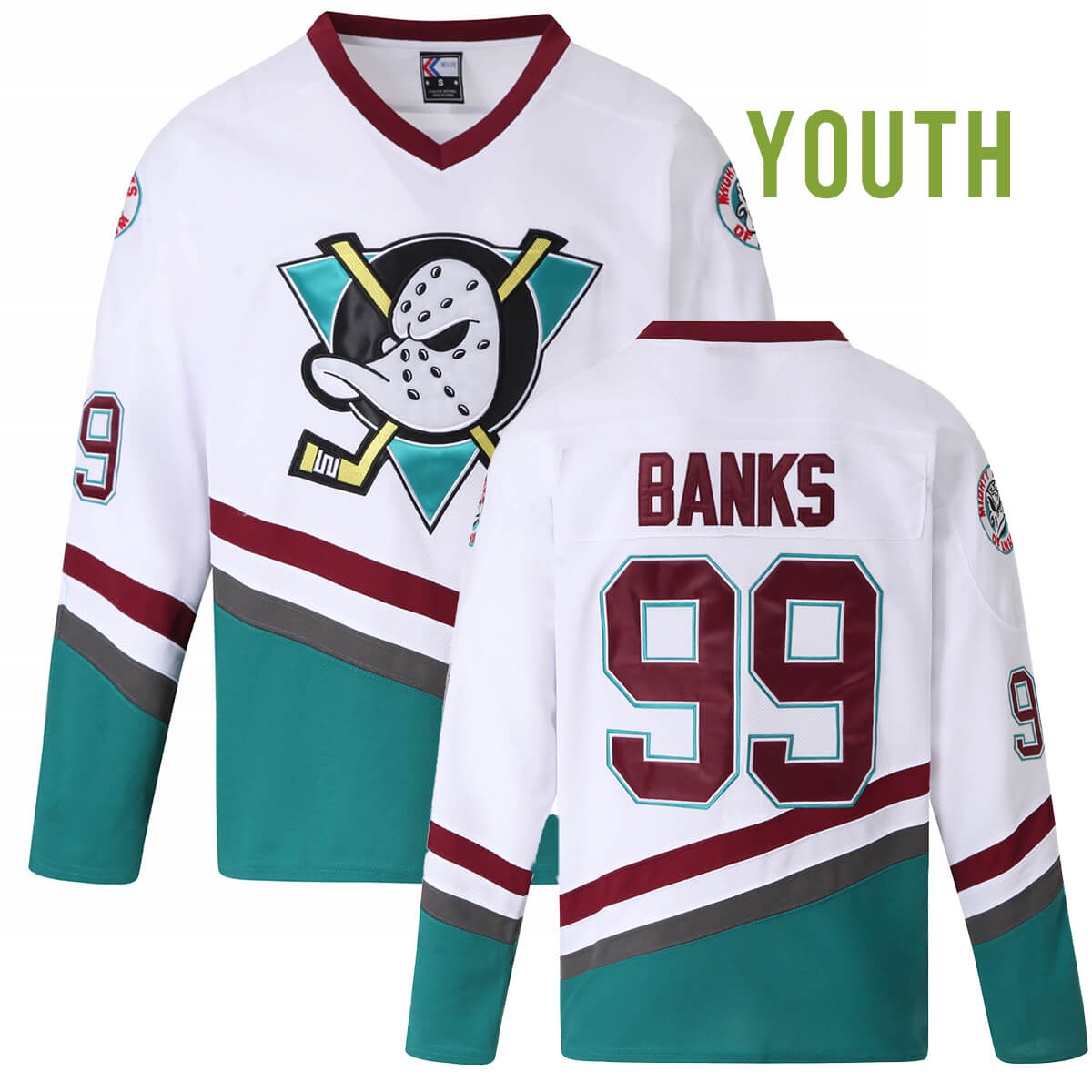 Youth Adam Banks #99 White Mighty Ducks Ice Hockey Jersey | JerseyOne