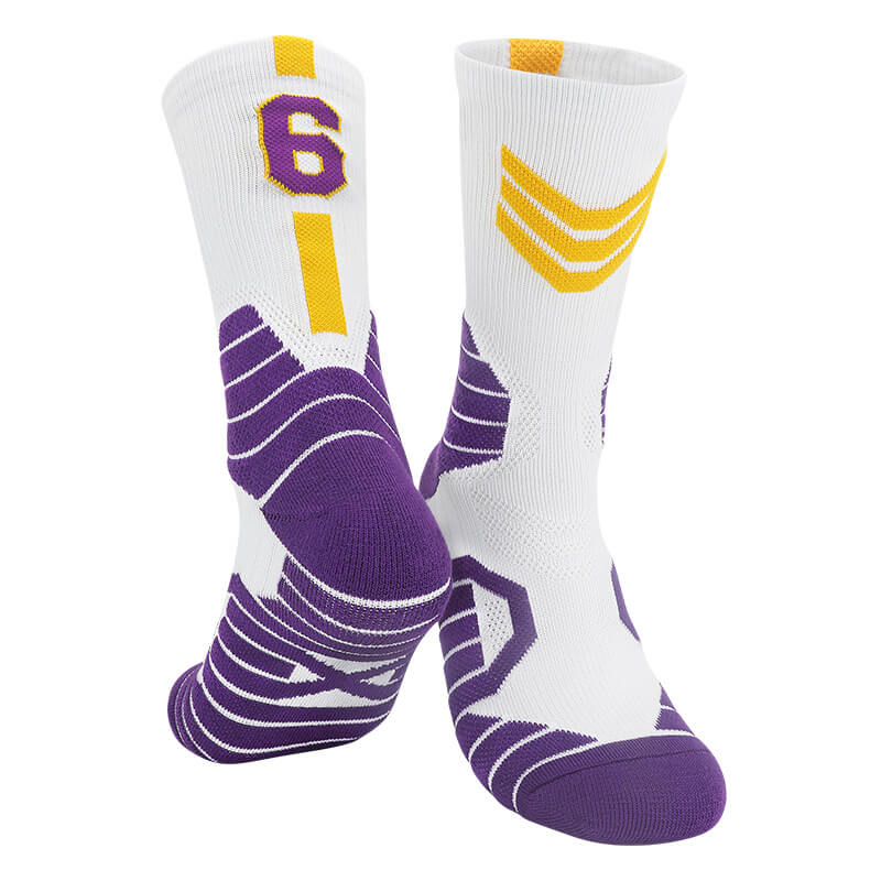 Men's #6 Yellow and Purple Medium Crew Basketball Compression Socks