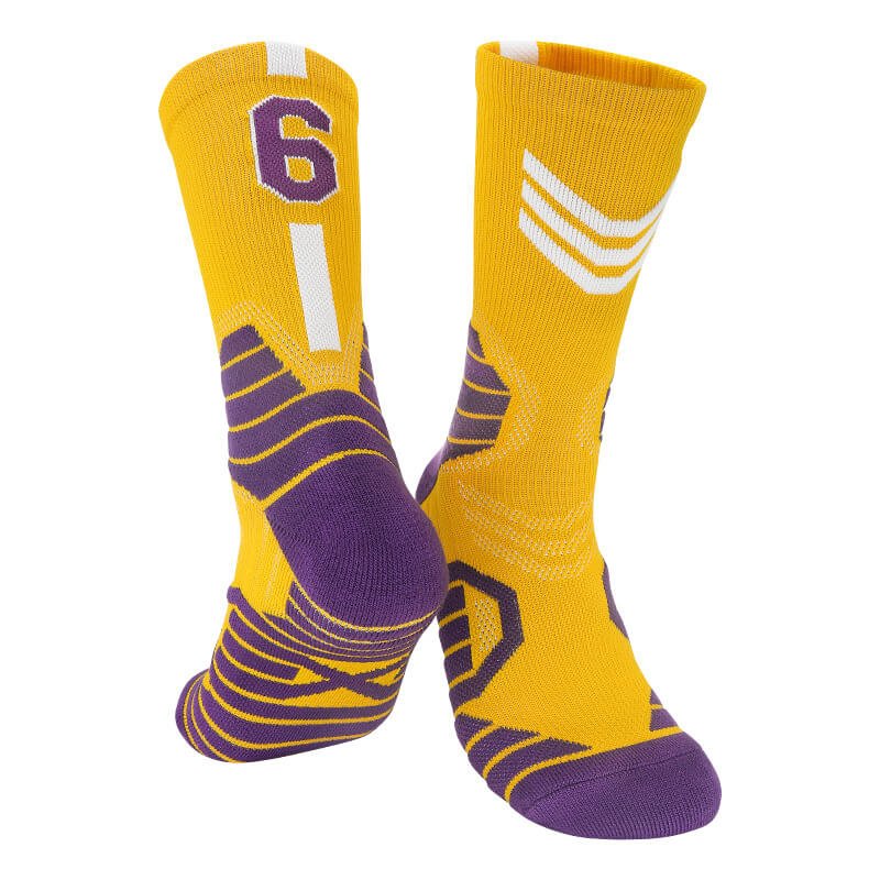 Men's #6 Yellow and Purple Medium Crew Basketball Compression Socks